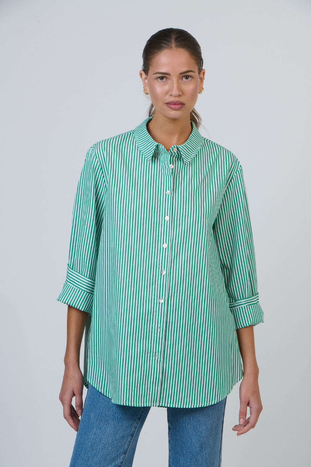 Namastai Shirt - Green With White Stripe | Pink Poppies Australia